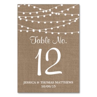 The Rustic Burlap String Lights Wedding Collection Table Number | Zazzle