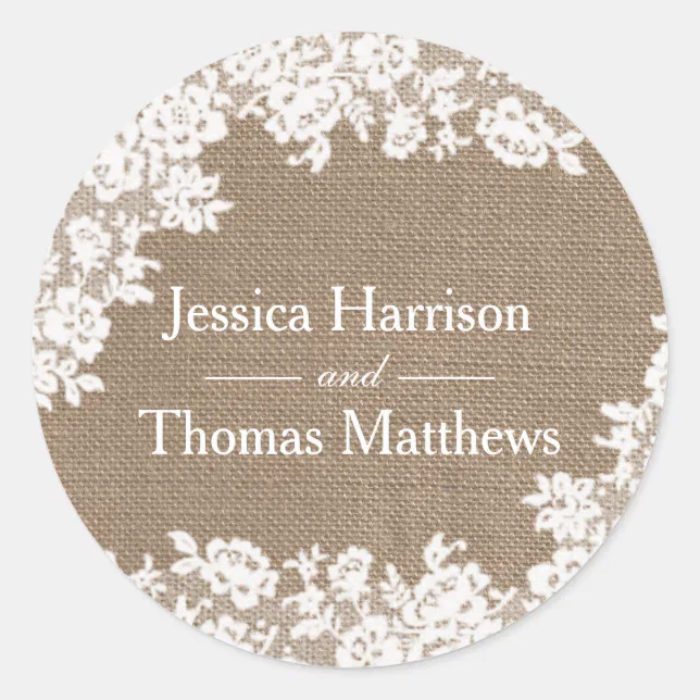 The Rustic Burlap & Vintage White Lace Collection Classic Round Sticker ...