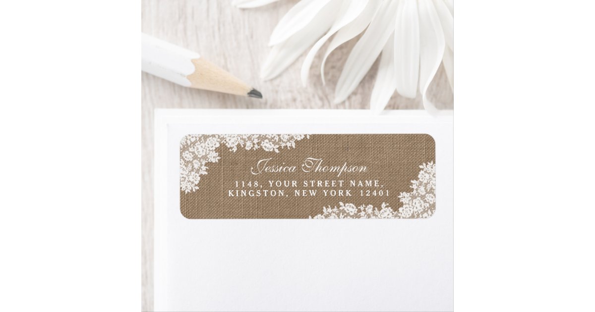 The Rustic Burlap & Vintage White Lace Collection Label | Zazzle