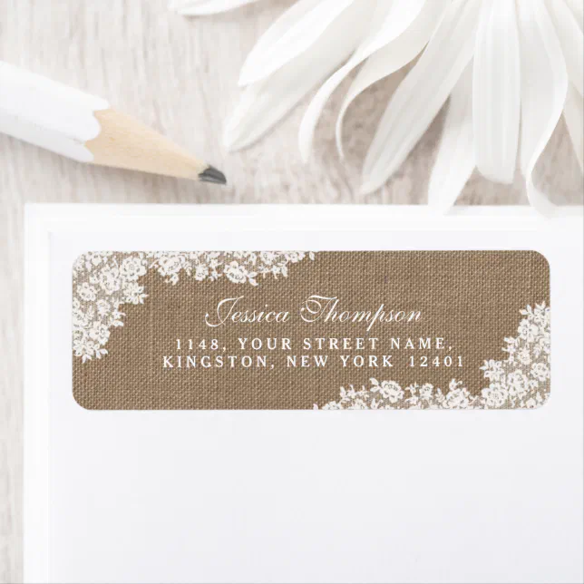 The Rustic Burlap & Vintage White Lace Collection Label | Zazzle