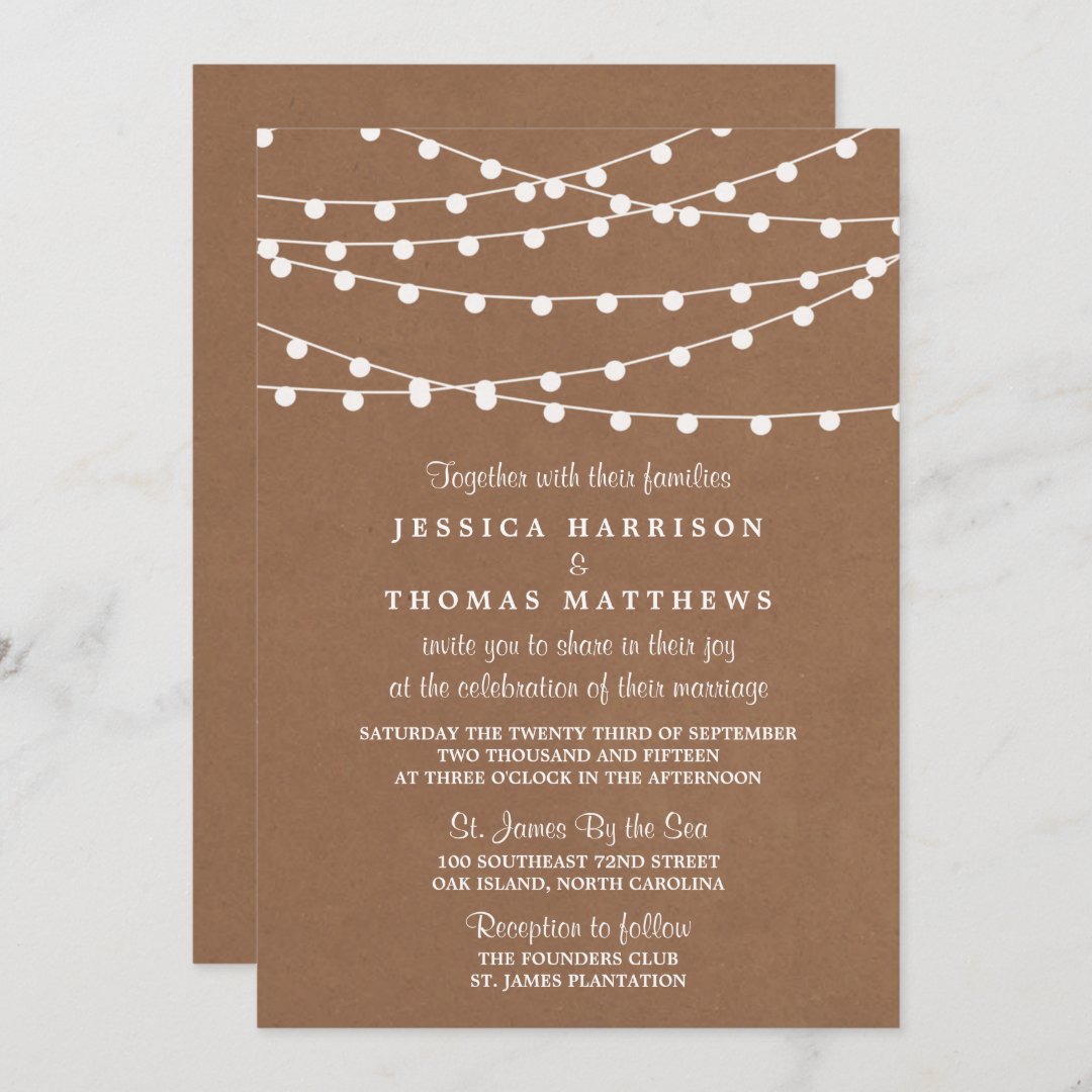 The Rustic Kraft String Lights Wedding Collection Invitation | Zazzle
