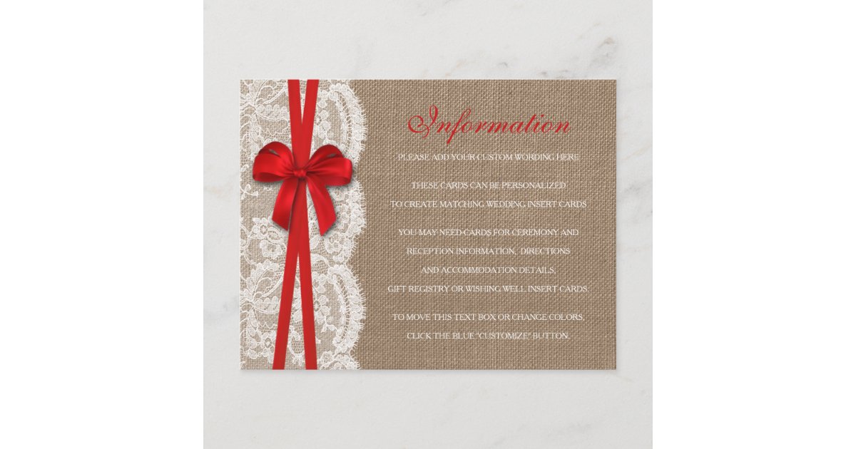 The Rustic Red Bow Wedding Collection Detail Cards | Zazzle