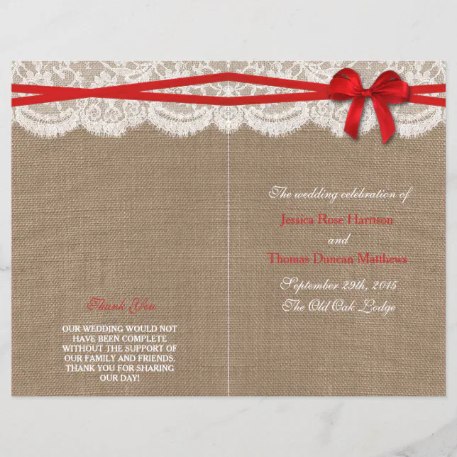The Rustic Red Bow Wedding Collection Programs | Zazzle