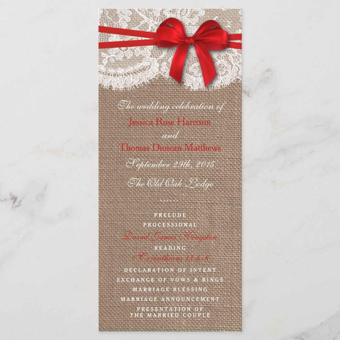 The Rustic Red Bow Wedding Collection Programs | Zazzle