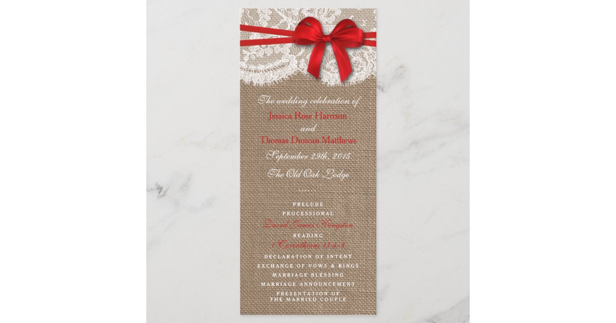 The Rustic Red Bow Wedding Collection Programs | Zazzle