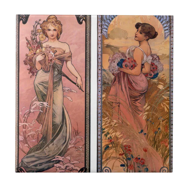 The seasons (Spring, Summer) by Alphonse Mucha Ceramic Tile | Zazzle