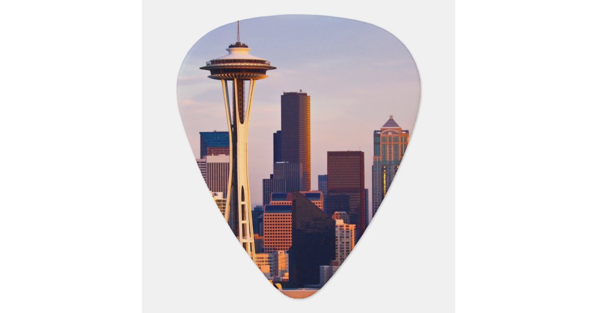 The Space Needle is a tower at dusk in Seattle Guitar Pick | Zazzle