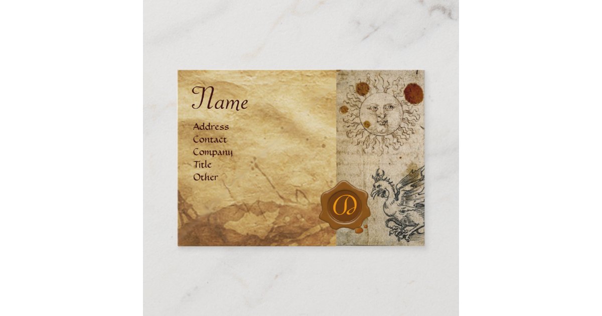 THE SUN ,MOON AND BASILISK BROWN WAX SEAL Monogram Business Card | Zazzle