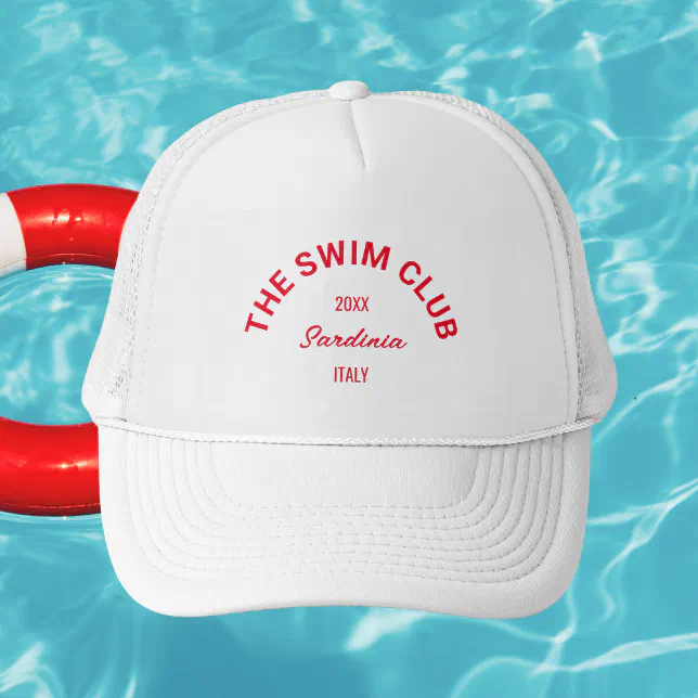 The Swim Club Custom Red Crest Swimmers White Trucker Hat | Zazzle