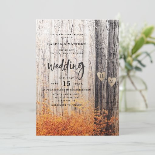 The Two Lovers Carved Trees Fall Forest Wedding Invitation | Zazzle