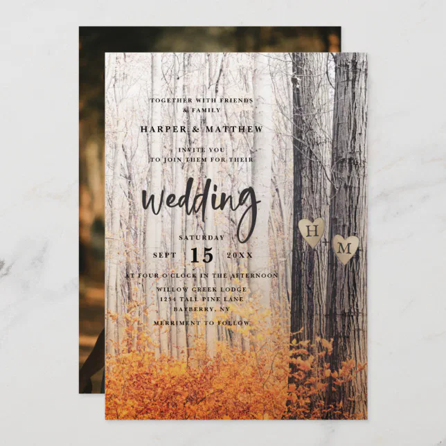 The Two Lovers Carved Trees Fall Forest Wedding Invitation | Zazzle