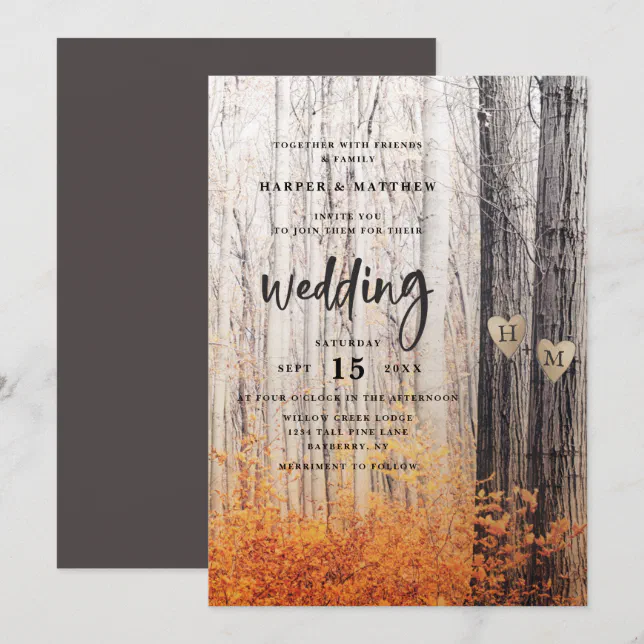 The Two Lovers Carved Trees Fall Forest Wedding Invitation | Zazzle