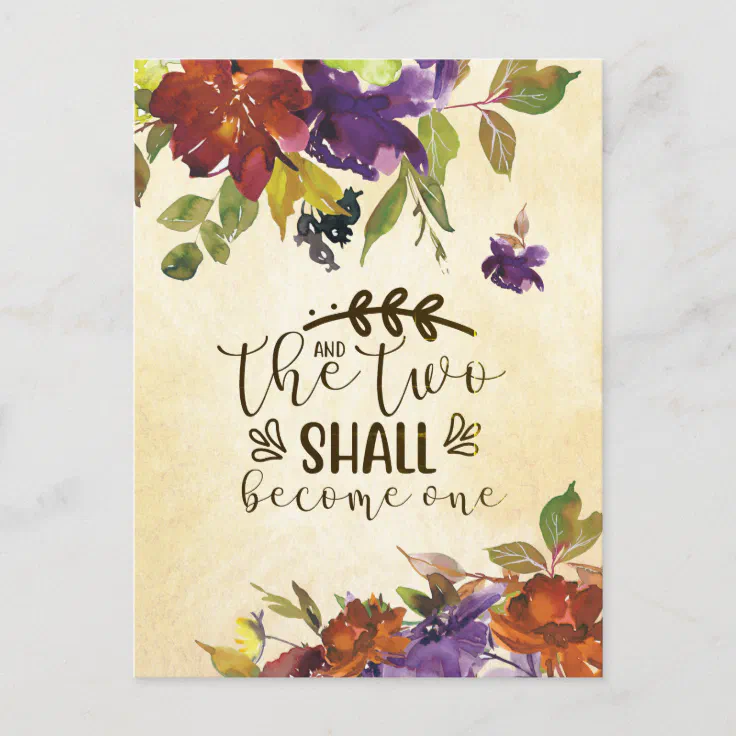 The Two shall become One Fall Floral Wedding Postcard | Zazzle