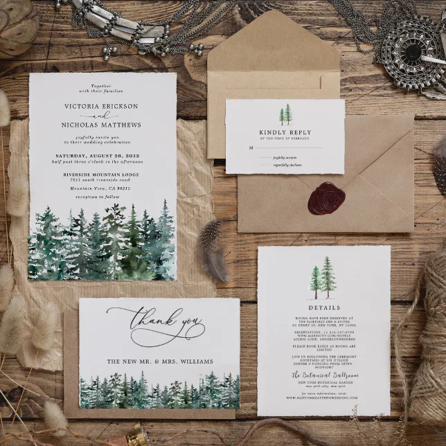 The Watercolor Pine Tree Forest Wedding Collection Enclosure Card | Zazzle