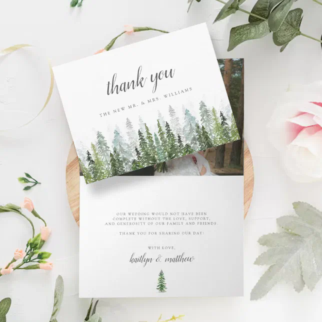 The Watercolor Pine Tree Forest Wedding Collection Thank You Card | Zazzle