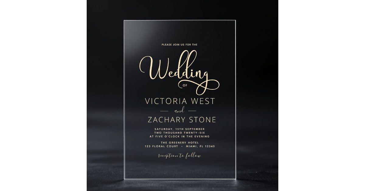 The Wedding of Gold Wedding Script Acrylic Invitations | Zazzle