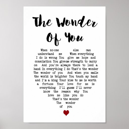 The Wonder Of You Heart Song Lyric Wall Art Print | Zazzle