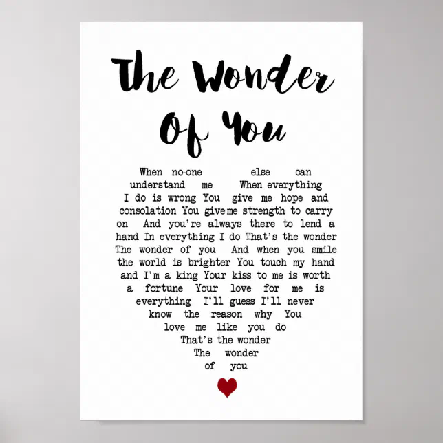 The Wonder Of You Heart Song Lyric Wall Art Print | Zazzle