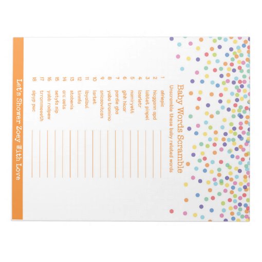 The Word Scramble Confetti Baby Shower Game Notepad | Zazzle