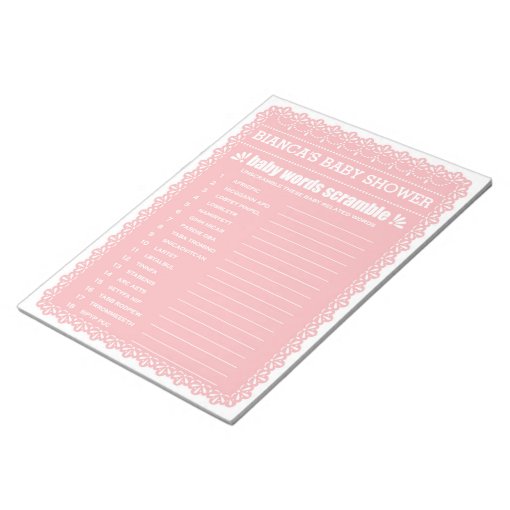The Word Scramble Pink Papel Picado Baby Shower Notepad | Zazzle