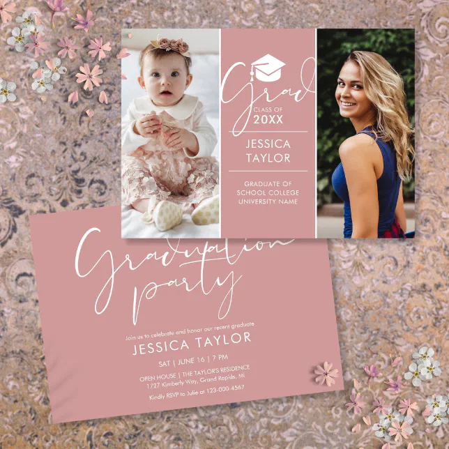 Then And Now 2 Photo Pink Graduation Party Invitation | Zazzle