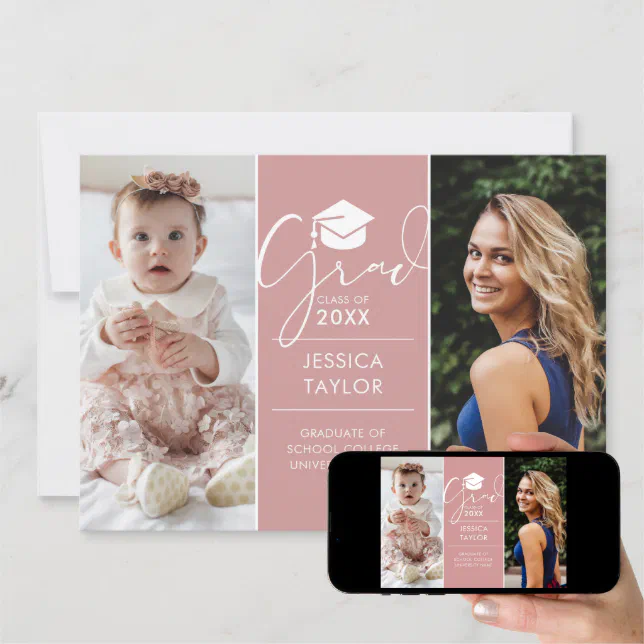 Then And Now 2 Photo Pink Graduation Party Invitation | Zazzle