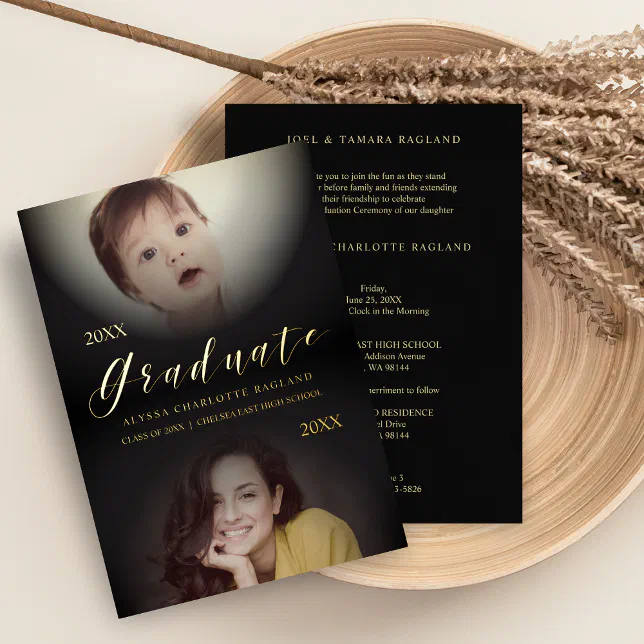 Then & Now Modern 2 Photos Graduation Foil Invitation | Zazzle