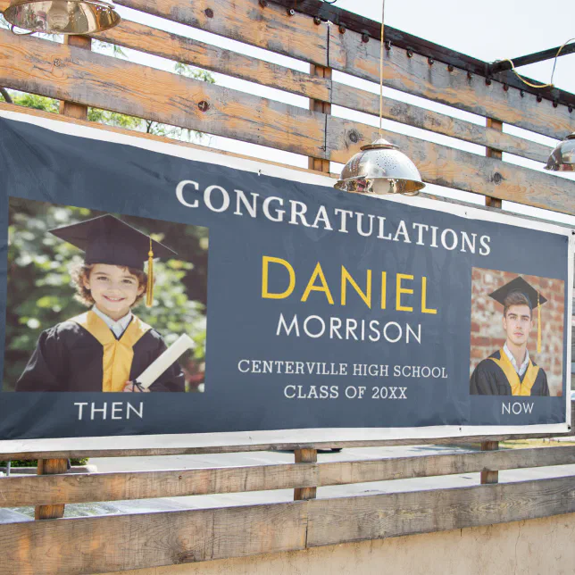 Then & Now Navy Blue Gold Photo Graduation Banner | Zazzle
