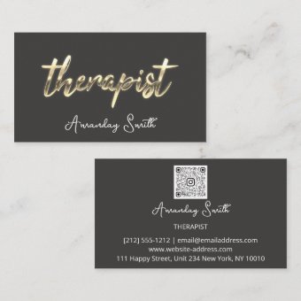 Therapist Golden Script QR Code Logo Gray Grey Business Card | Zazzle