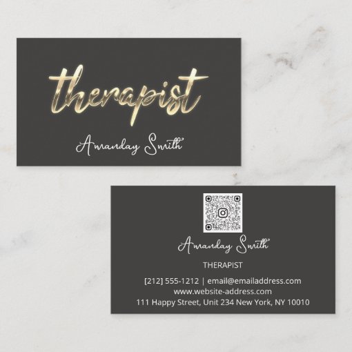 Therapist Golden Script QR Code Logo Gray Grey Business Card | Zazzle