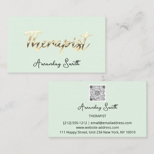 Therapist Golden ScriptQR Code Logo Mint Green Business Card | Zazzle