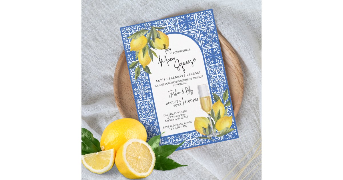 They Found Main Squeeze Lemon & Tile Engagement Invitation | Zazzle