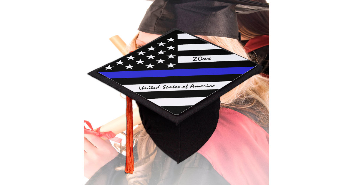 Thin Blue Line & American Flag police / USA office Graduation Cap ...