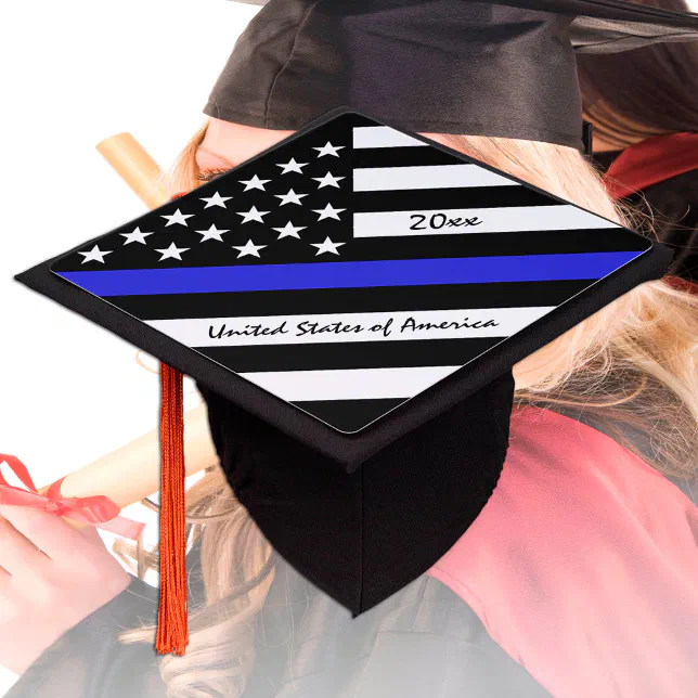 Thin Blue Line & American Flag police / USA office Graduation Cap ...