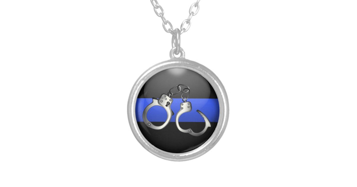 Thin Blue Line Button with Handcuffs Silver Plated Necklace | Zazzle