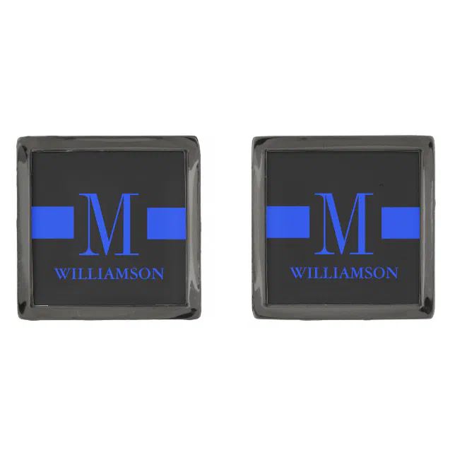 Thin Blue Line Custom Monogram Gunmetal Finish Cufflinks | Zazzle