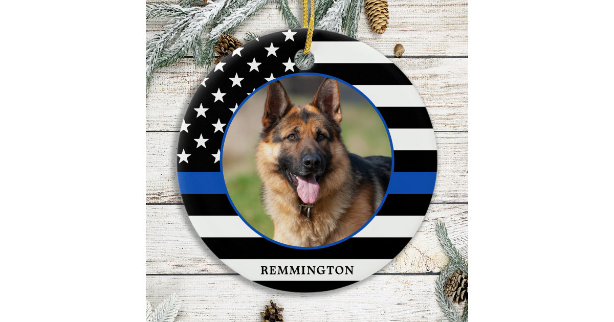 Thin Blue Line Flag Photo K9 Police Dog Christmas Ceramic Ornament | Zazzle