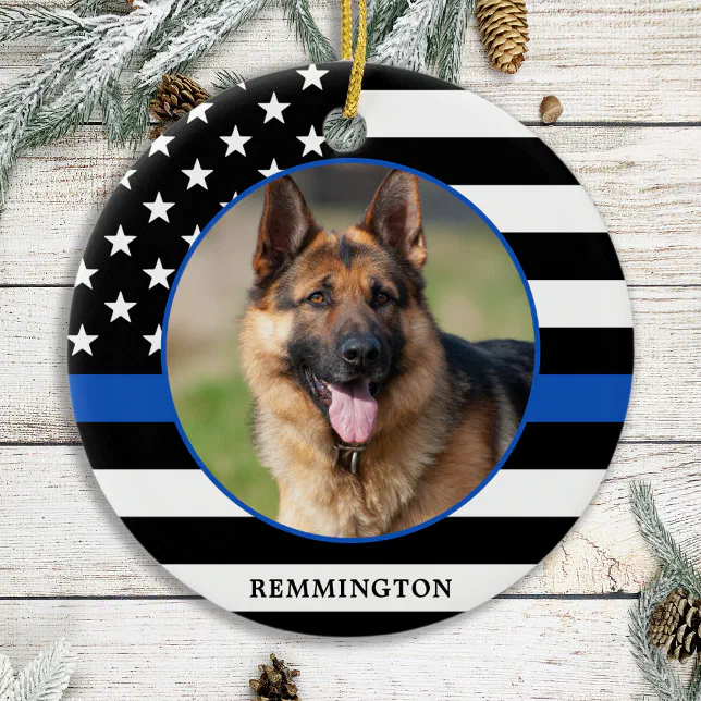 Thin Blue Line Flag Photo K9 Police Dog Christmas Ceramic Ornament | Zazzle