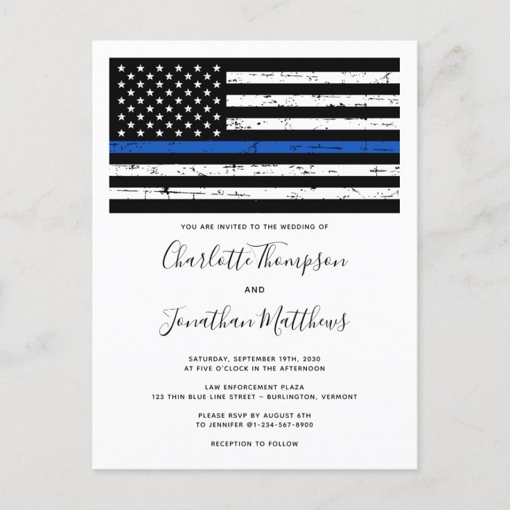 Thin Blue Line Law Enforcement Police Wedding Invitation Postcard | Zazzle