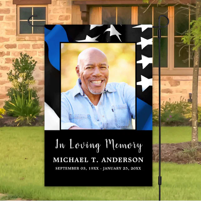 Thin Blue Line Memorial Photo Police Officer Garden Flag | Zazzle