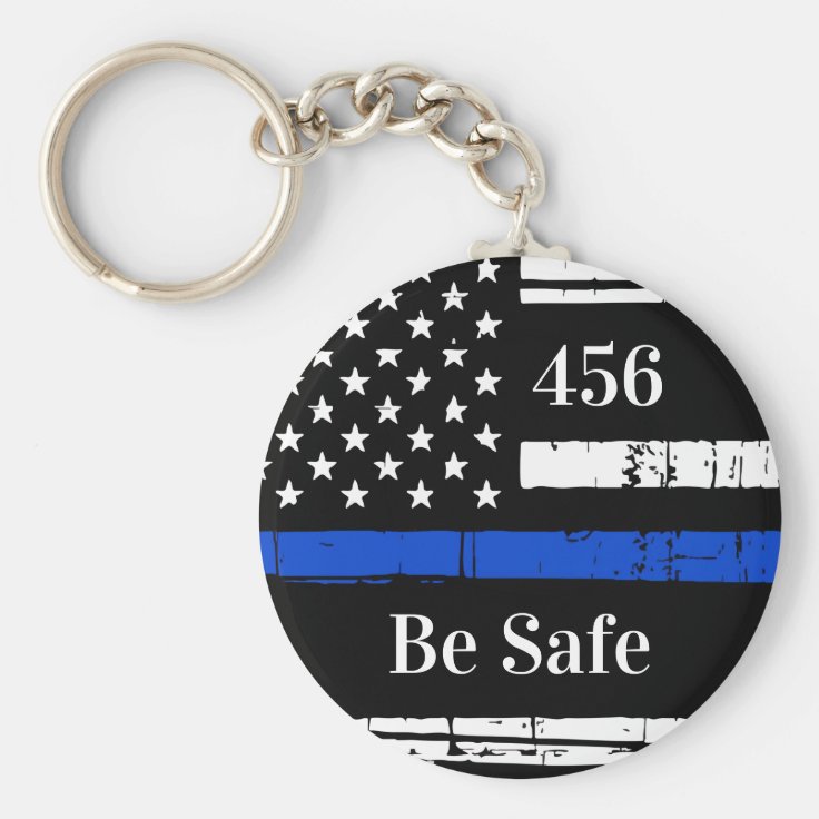 Thin Blue Line Personalized Badge Number Police Keychain | Zazzle