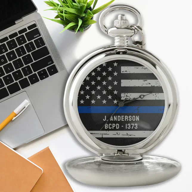 Thin Blue Line Police Badge Number Pocket Watch | Zazzle