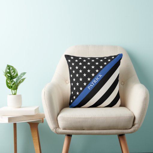 Thin Blue Line Police Flag Monogram Name Throw Pillow | Zazzle
