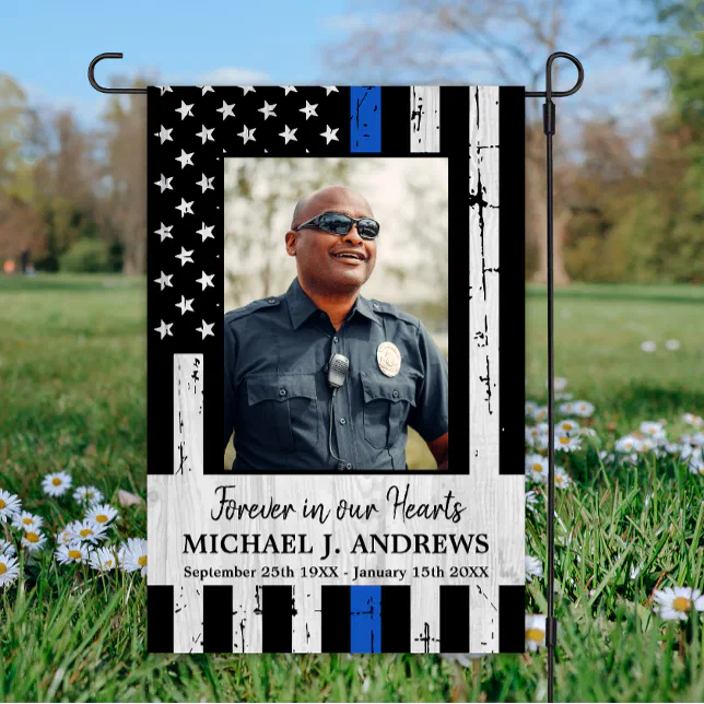 Thin Blue Line Police Officer Photo Memorial Garden Flag | Zazzle