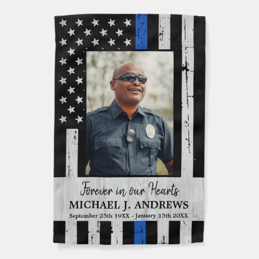 Thin Blue Line Police Officer Photo Memorial Garden Flag | Zazzle