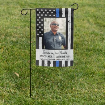 Thin Blue Line Police Officer Photo Memorial Garden Flag | Zazzle