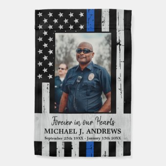 Thin Blue Line Police Officer Photo Memorial Garden Flag | Zazzle