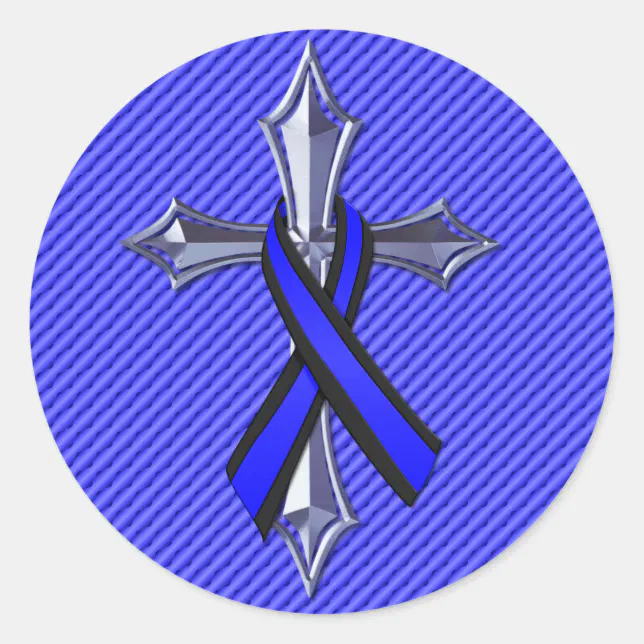Thin Blue Line Prayer For Safety Cross and Ribbon Classic Round Sticker ...