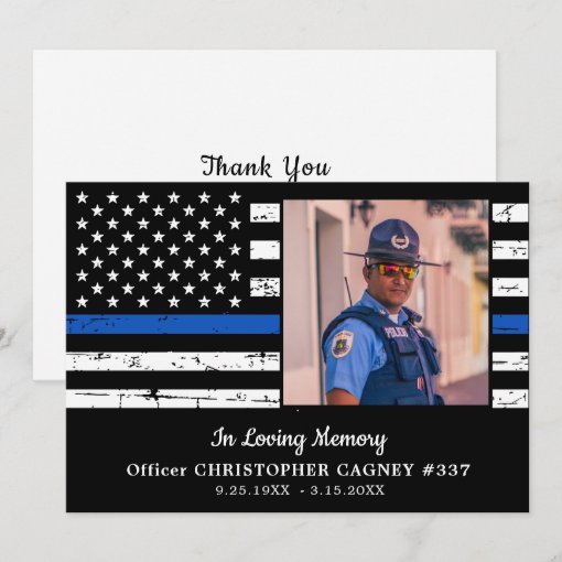 Thin Blue Line Sympathy Police Memorial Funeral Thank You Card | Zazzle