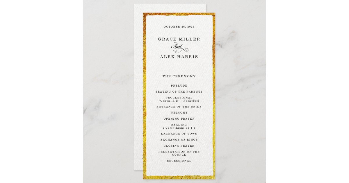 Thin faux gold border wedding program | Zazzle